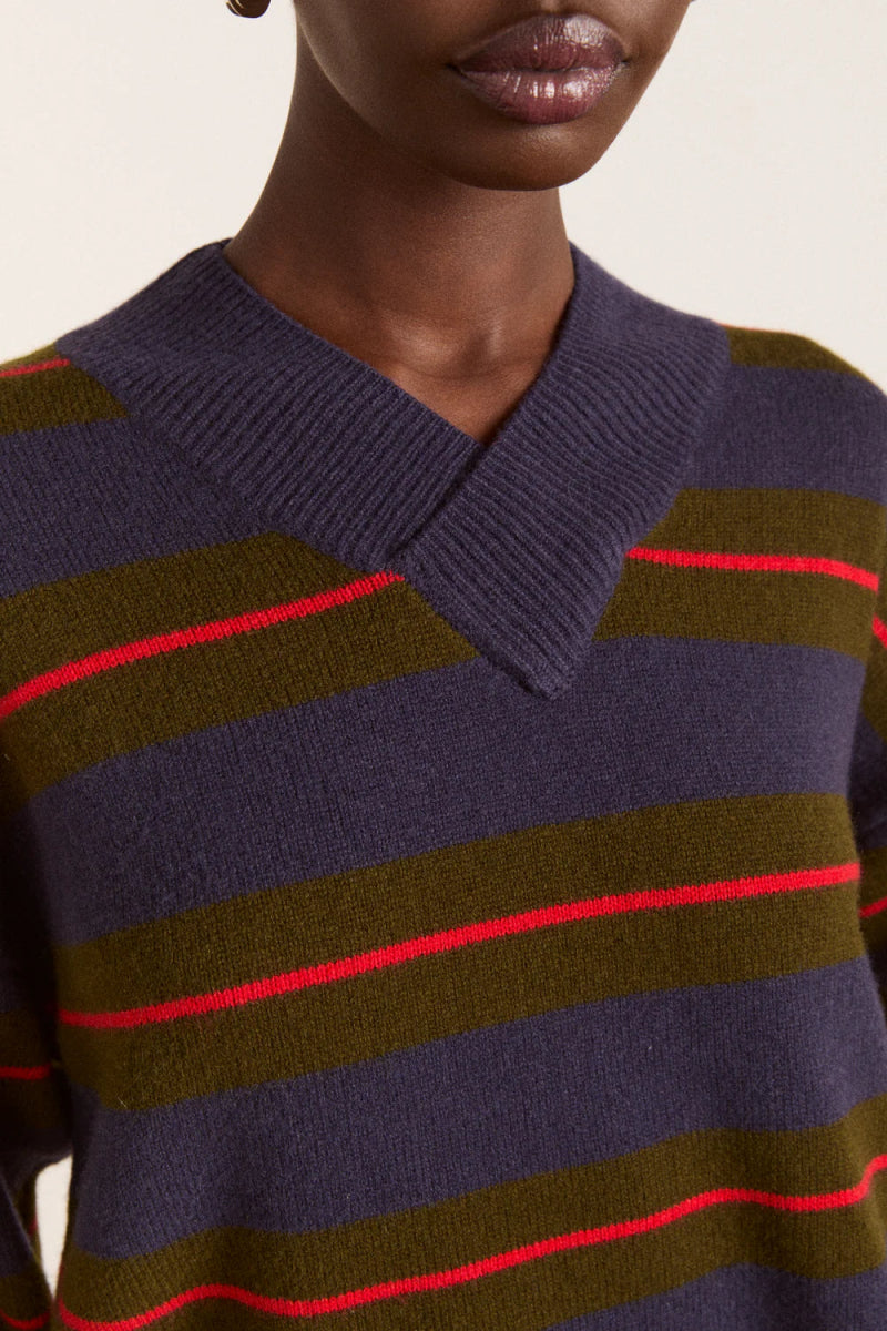 Odette Merino Sweater in Olive and Navy Stripes by Damson Madder – Ex-voto